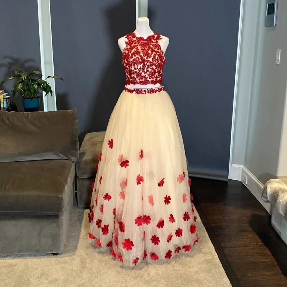 Dresses | Womens 2 Piece Promparty Dress Halter Neck With Red Flower ...